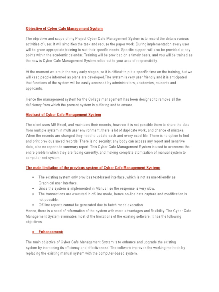 Objective of Cyber Cafe Management System | PDF | Databases | Input/Output