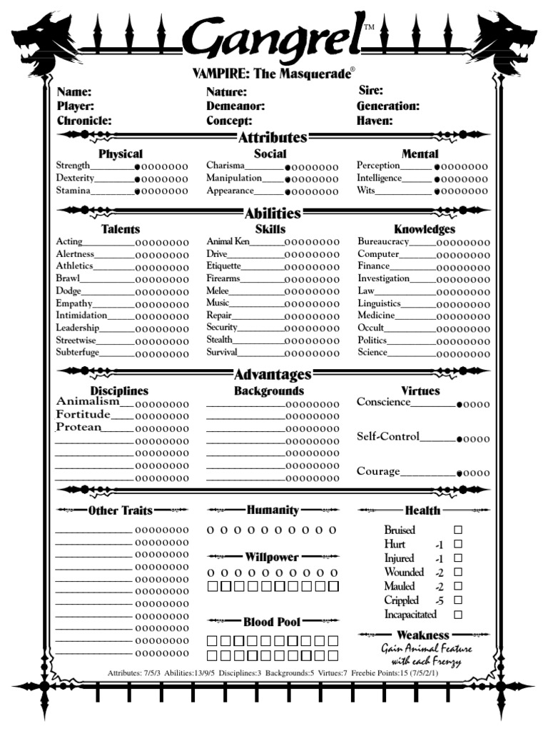 Ficha - Gangrel | PDF | Jeux de rôles | Loisirs