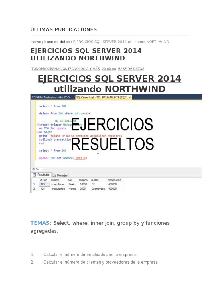 Ejercicios en SQL Server 2014 | PDF | SQL | Servidor SQL de Microsoft