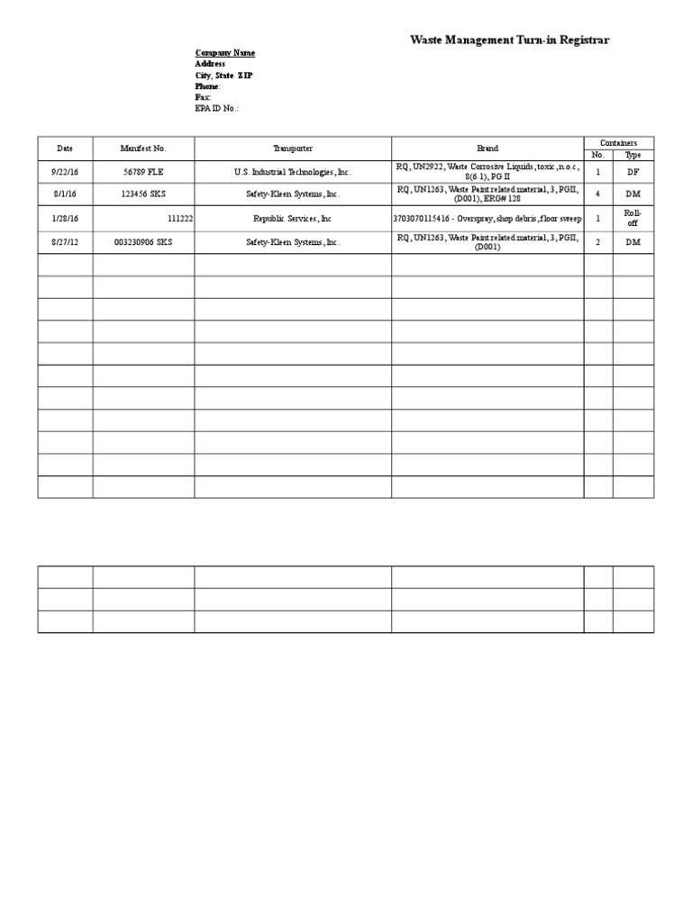 Waste Management Turn-In Registrar - Template | PDF