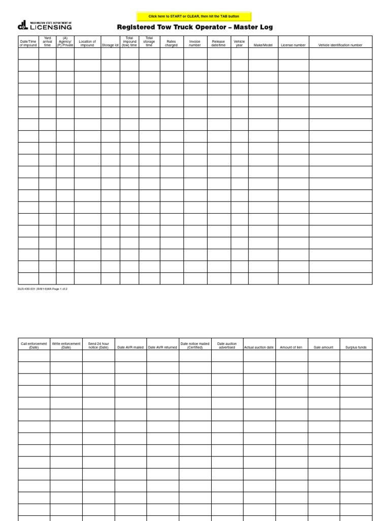 Registered Tow Truck Operator - Master Log: Click Here To START or ...