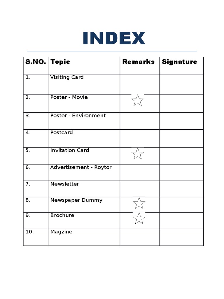 Index: S.NO. Topic Remarks Signature | PDF