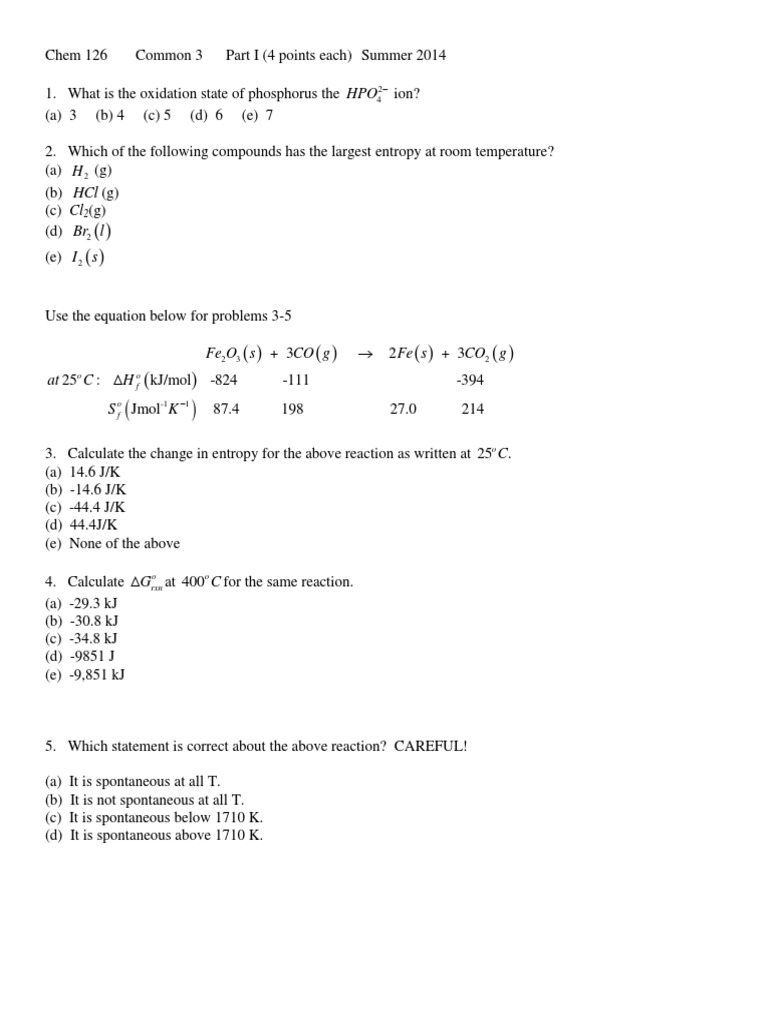 Chem 126 Common 3, Summer 2014 Questions | PDF | Redox | Chemical ...