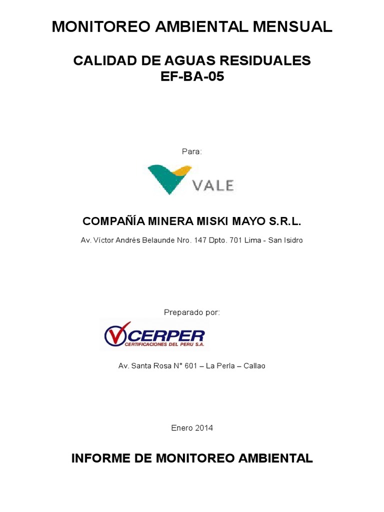 Informe de Monitoreo Calidad de Agua Residual - Ef-ba-05 Noviembre | Aguas residuales | Minería