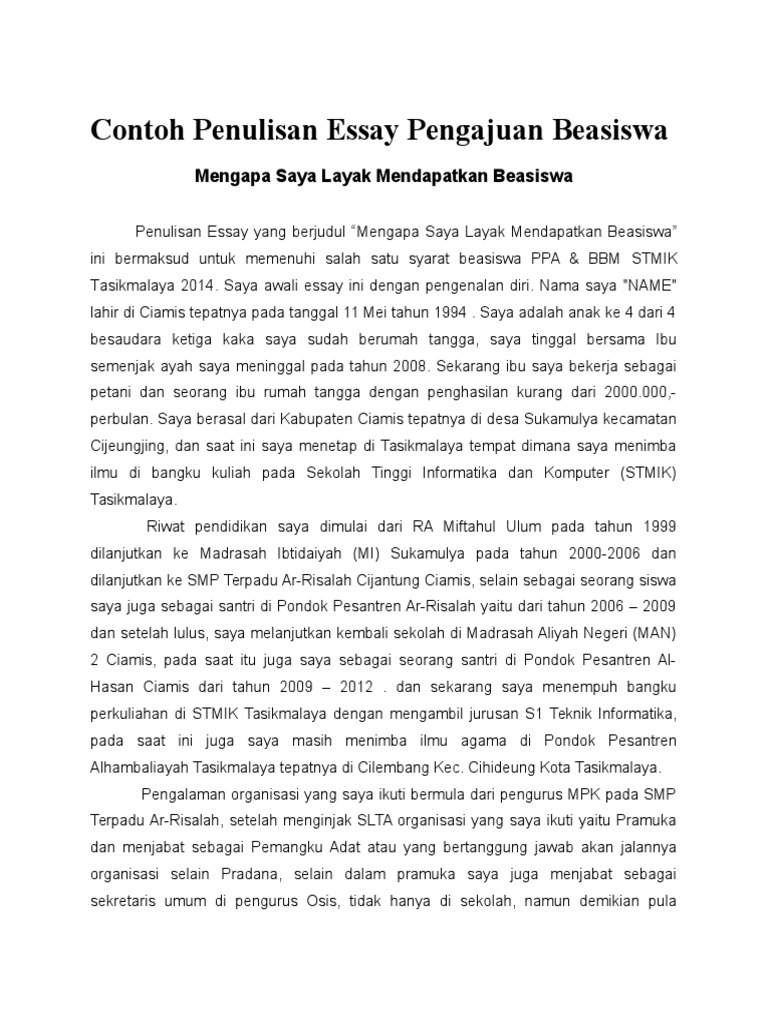 Contoh Penulisan Essay Pengajuan Beasiswa | PDF