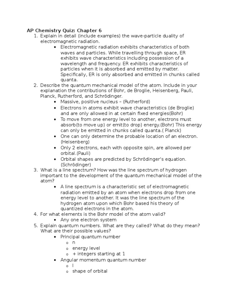 AP Chemistry: Quantum Mechanics Quiz | PDF | Emission Spectrum | Atoms