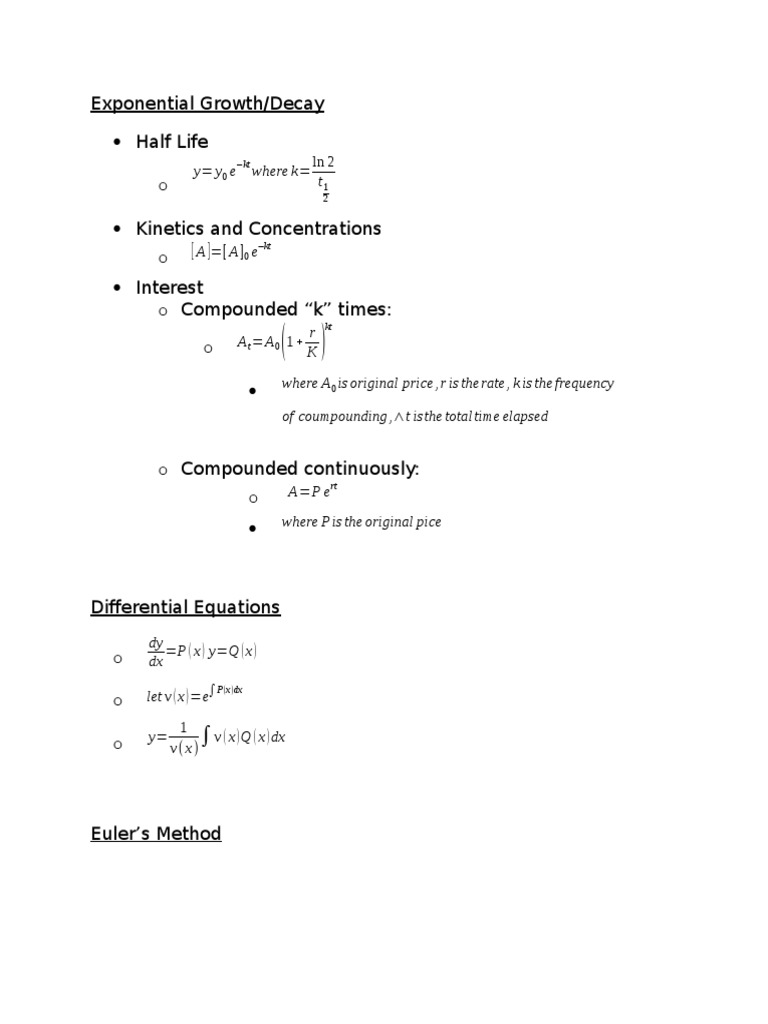 Exponential Growth/Decay Half Life o Kinetics and Concentrations o ...