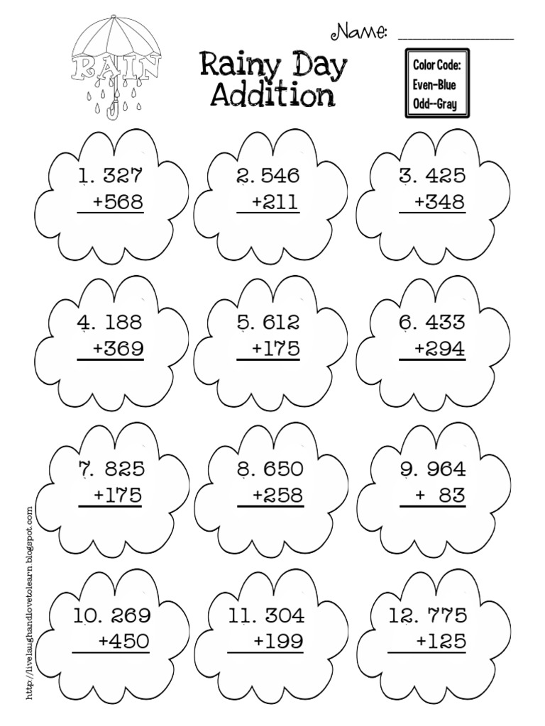 Rainy Day Addition: Name: - Color Code: Even-Blue Odd - Gray | PDF