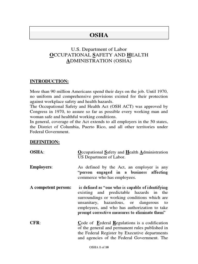 Occupational Safety and Health Administration (Osha) : U.S. Department ...