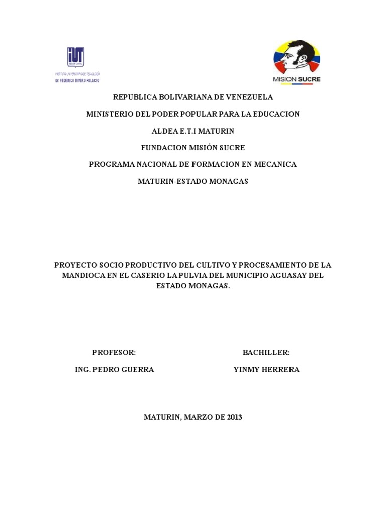 Proyecto Socio Productivo La Mandioca. Aldea Eti - Maturin | PDF | Elasticidad (economía ...