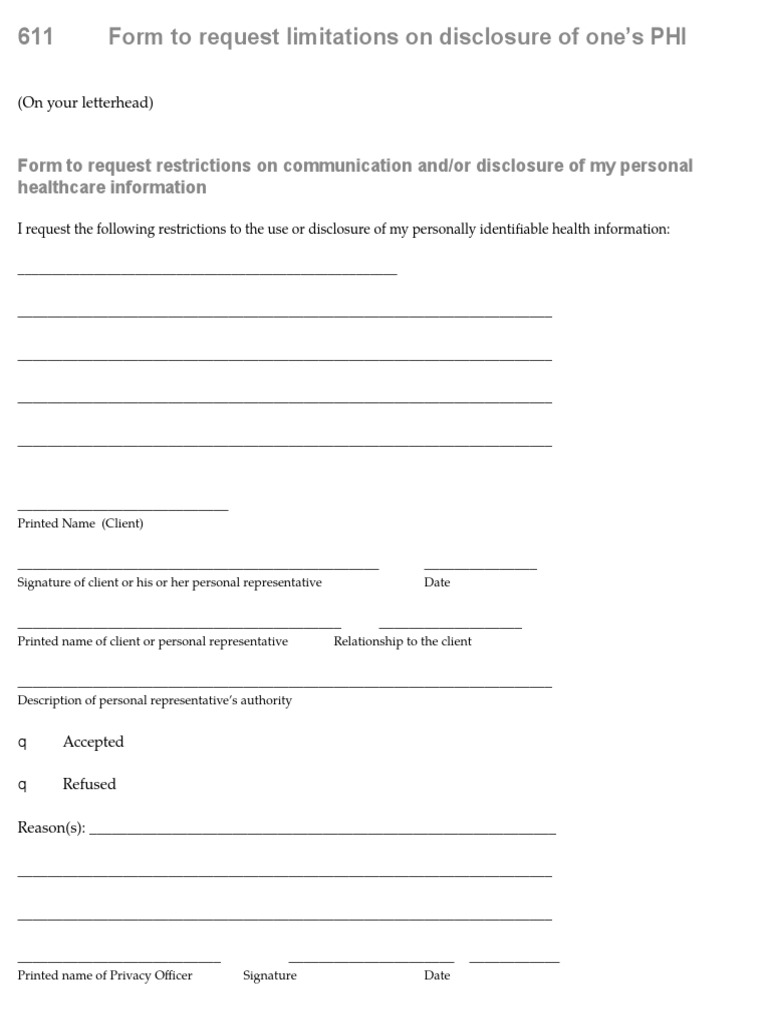 611 Form To Request Limitations On Disclosure of One's PHI | PDF