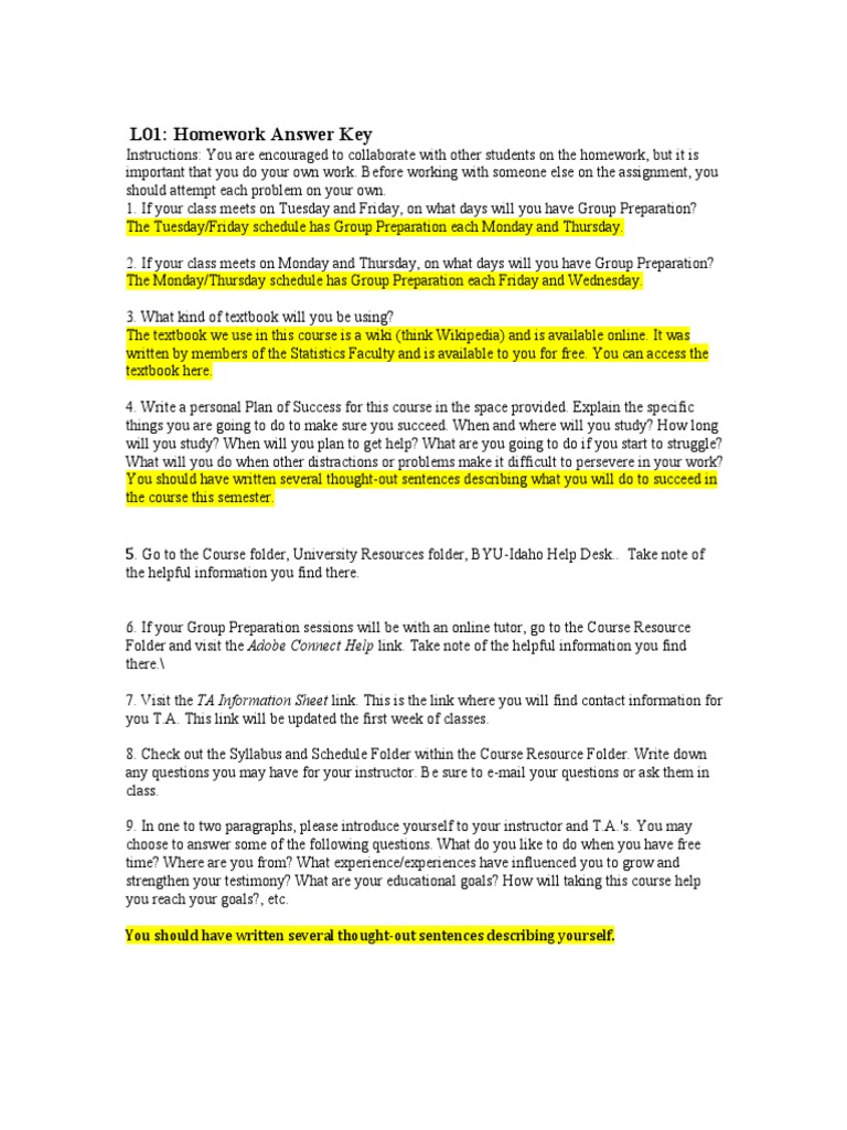 L01: Homework Answer Key | PDF