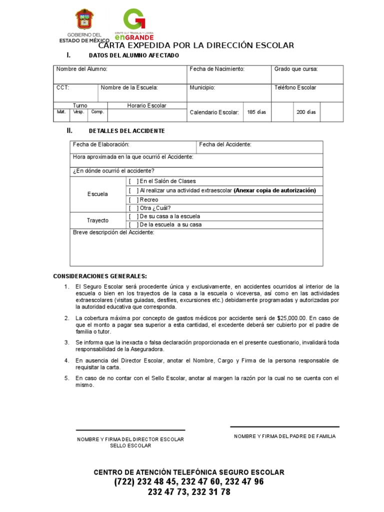 Carta de Accidente Escolar y Seguro | PDF