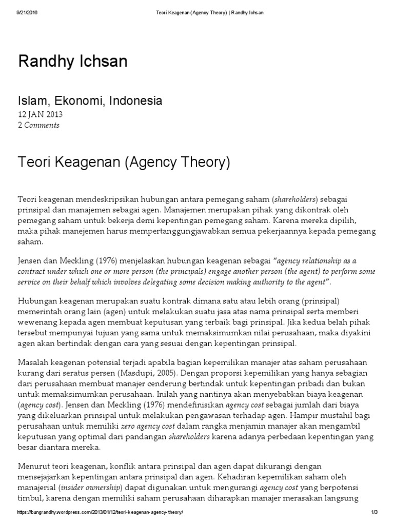 Teori Keagenan (Agency Theory) - Randhy Ichsan | PDF