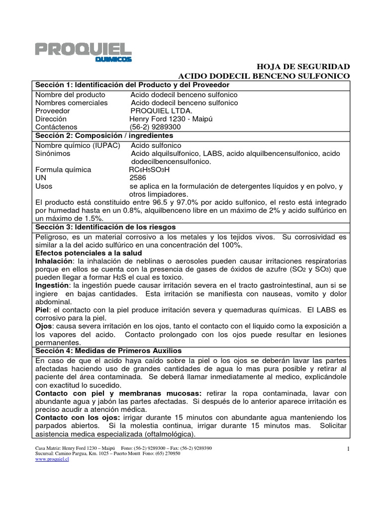 Ficha Acido Dodecilbenceno | PDF | Dióxido de azufre | Corrosión