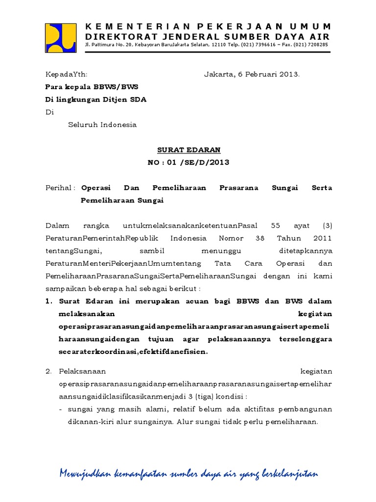 SE Dirjen SDA - Tata Cara OP Sungai PDF | PDF | Teknologi & Rekayasa