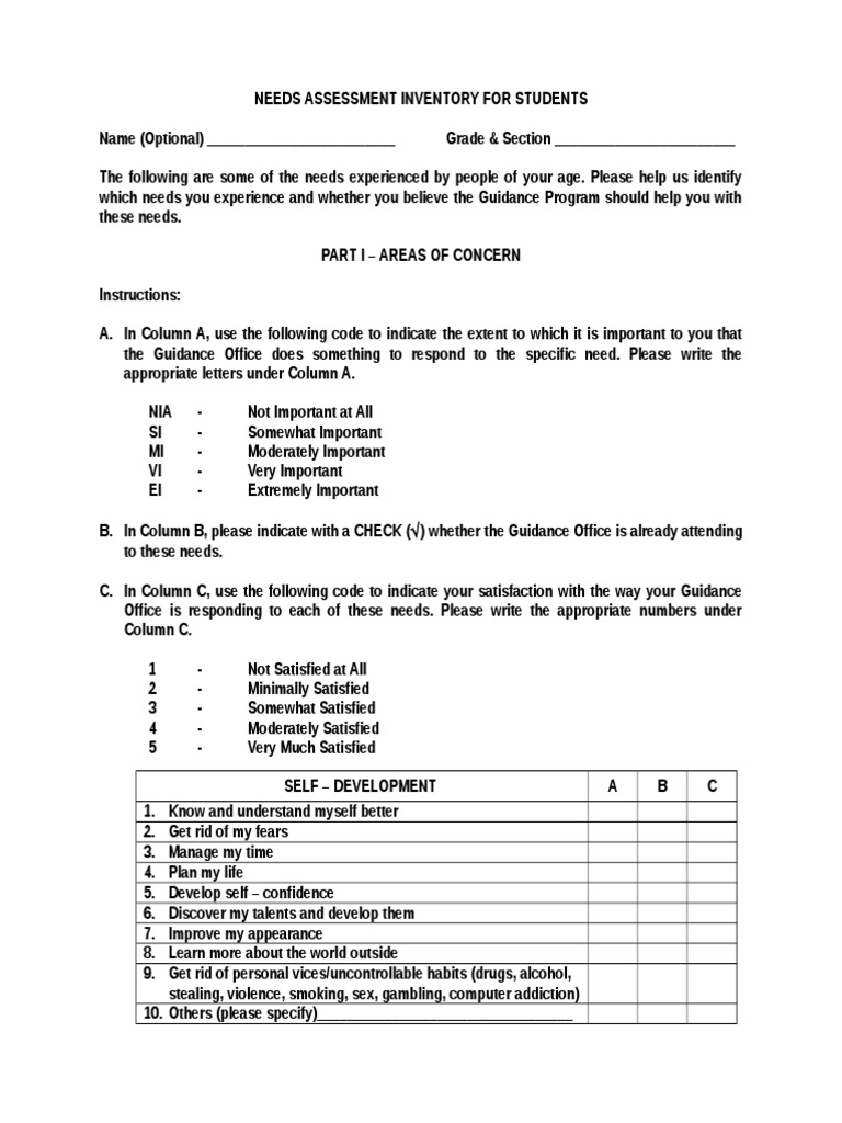 Student Needs Assessment Inventory | PDF | Sibling | Friendship