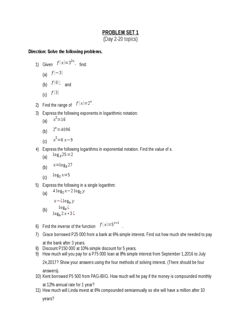 (Day 2-20 Topics) : Problem Set 1 | PDF | Teaching Methods & Materials