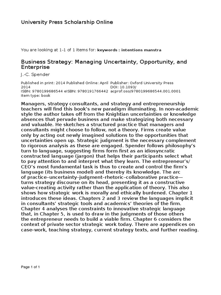 Business Strategy: Managing Uncertainty, Opportunity, and Enterprise | PDF