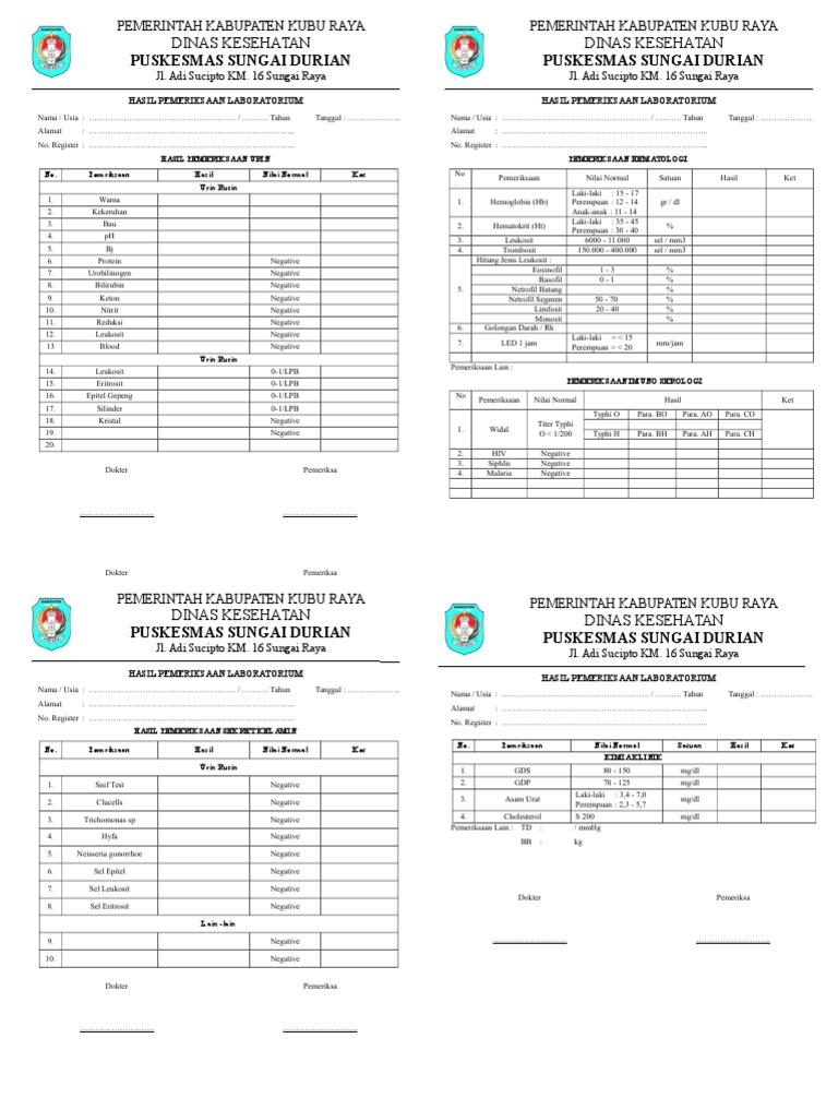 Blanko Laboratorium Puskesmas Sui Durian Kuburaya | PDF