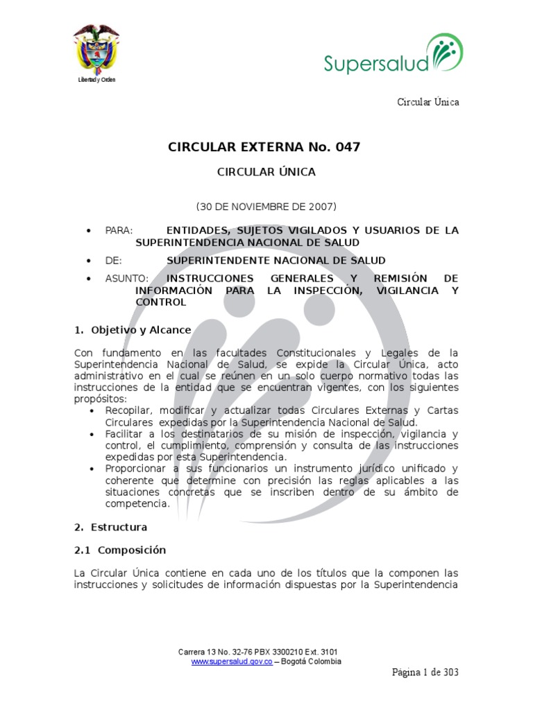 Circular 047 Circular Unica Estidades Salud | PDF | Bogotá | Institución