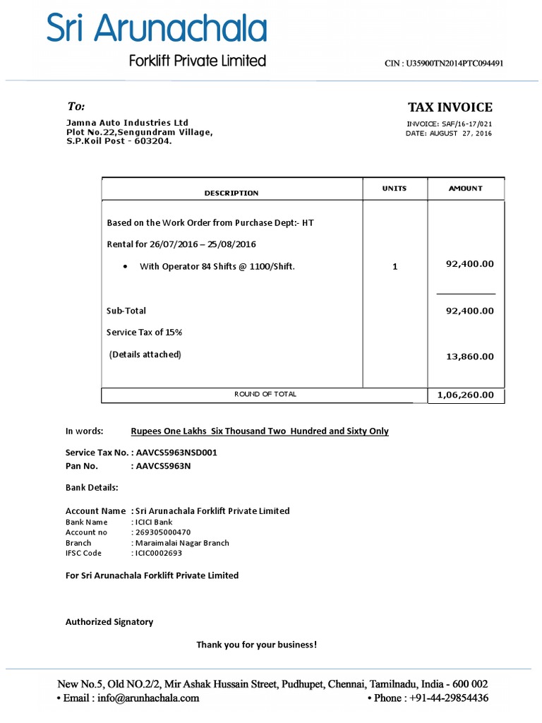 Invoice SAF-1617-021 Jamna August 2016 | PDF