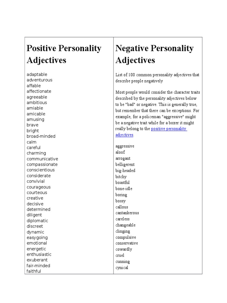 Positive Personality Adjectives | PDF