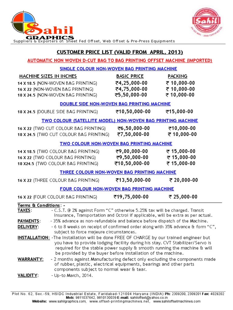 Customer Price List (Valid From April, 2013) : Machine Sizes in Inches ...