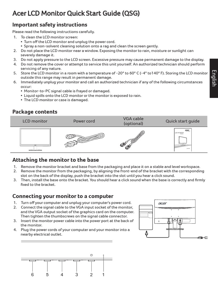 Acer LCD Monitor Quick Start Guide (QSG) : Important Safety ...