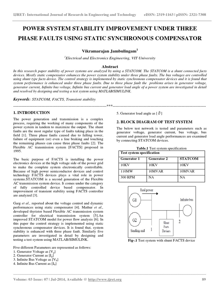 Power System Stability Improvement Under Three Phase Faults Using Static Synchronous Compensator ...