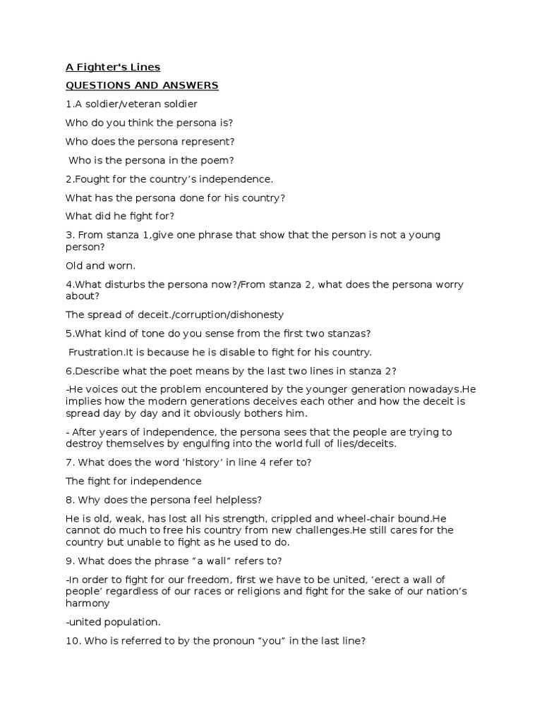 A Fighter's Lines Questions and Answers | PDF | Deception | Sibling