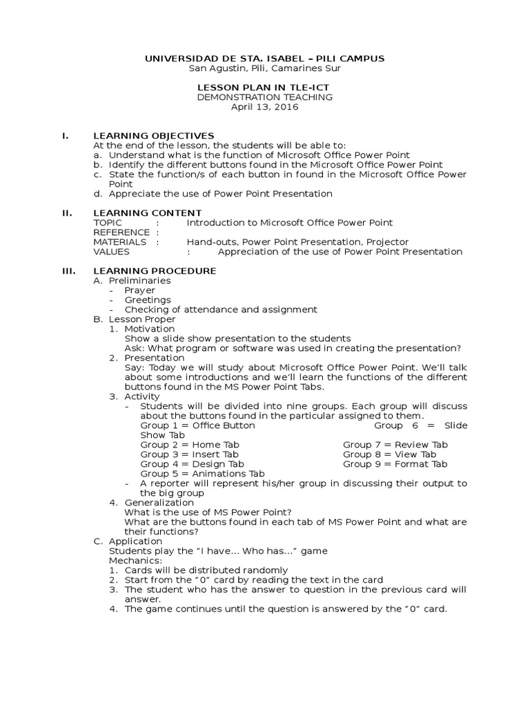 PowerPoint Lesson Plan for TLE-ICT | PDF