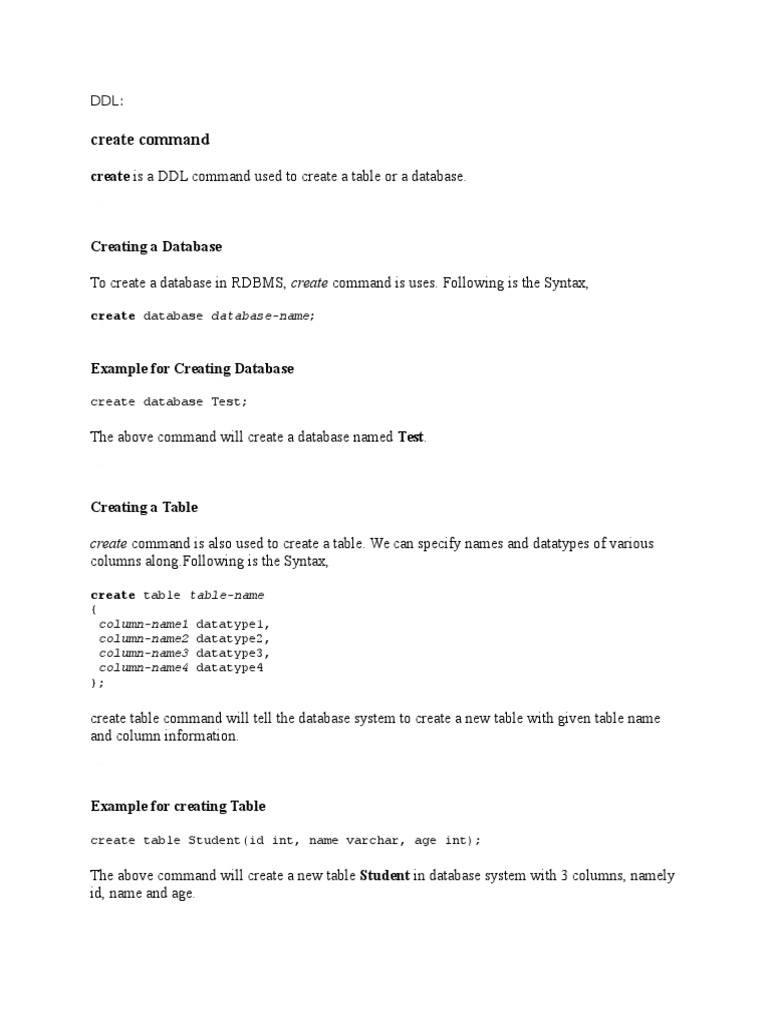 DDL, DML, TCL Commands | PDF | Table (Database) | Database Transaction
