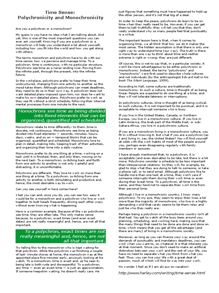 Time Sense - Polychronicity and Monochronicity | PDF | Cognitive ...