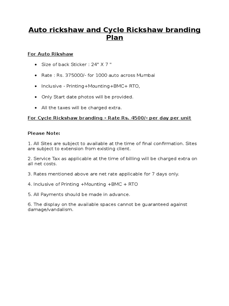 Auto Rickshaw and Cycle Rickshaw Branding Plan | PDF | Technology ...