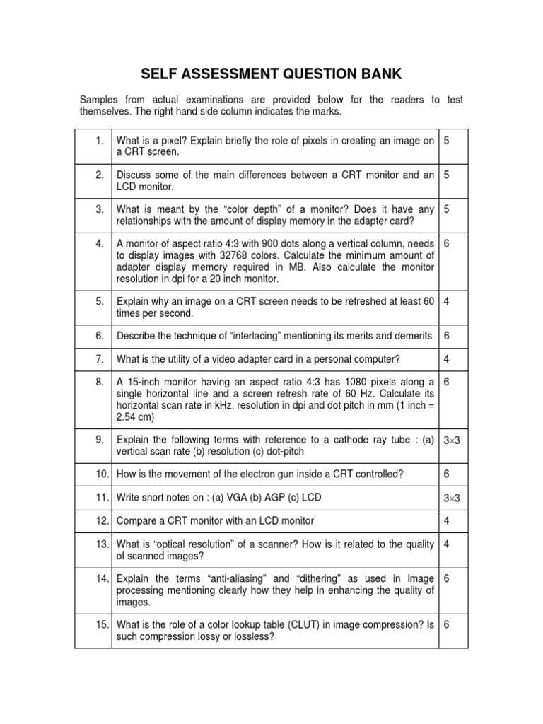 Self Assessment Question Bank | Video | Computer Monitor
