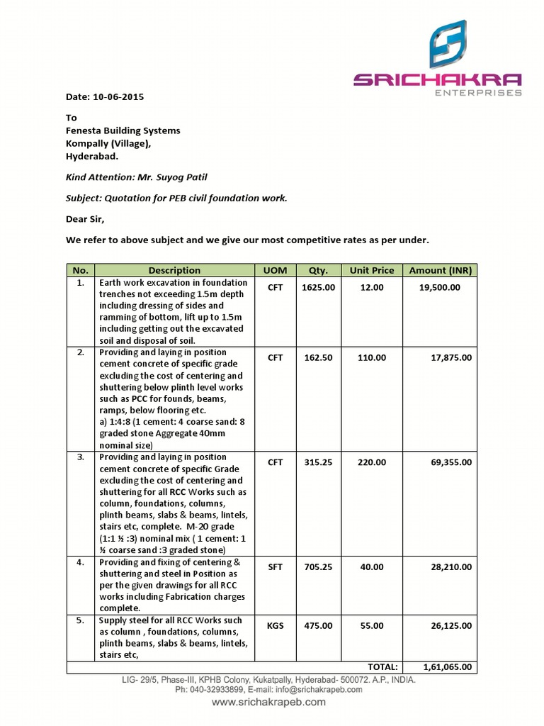 Competitive Quotation for PEB Civil Foundation Work | PDF