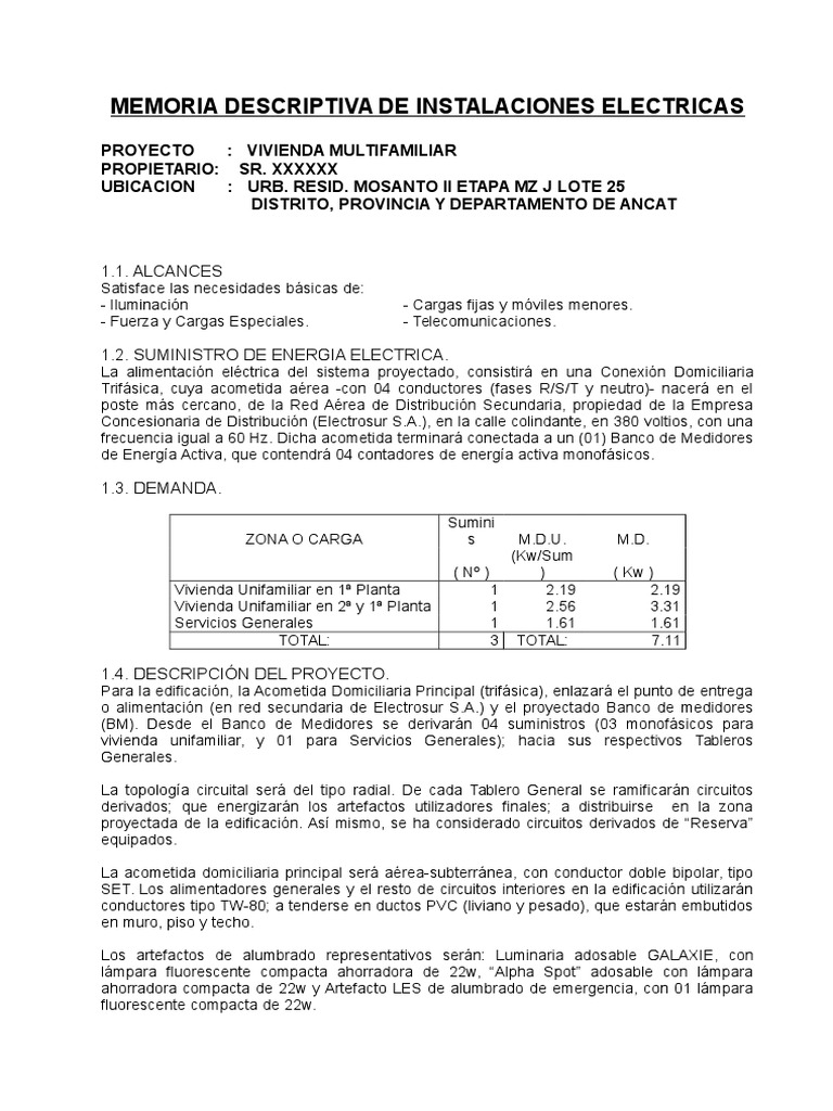 MEMORIA DESCRIPTIVA DE INSTALACIONES ELECTRICAS