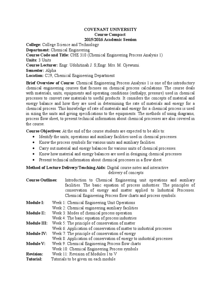 CHE310 Chemical Engineering Process Analysis 1 | PDF | Chemical ...
