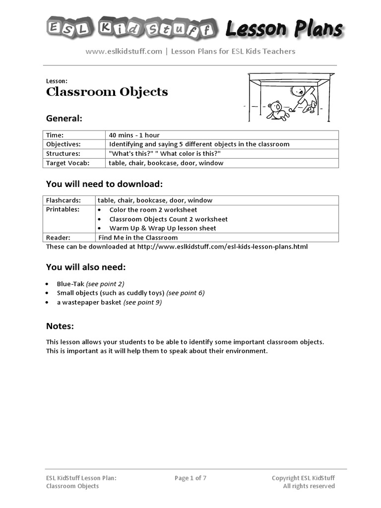 Classroom Objects Lesson Plan | PDF
