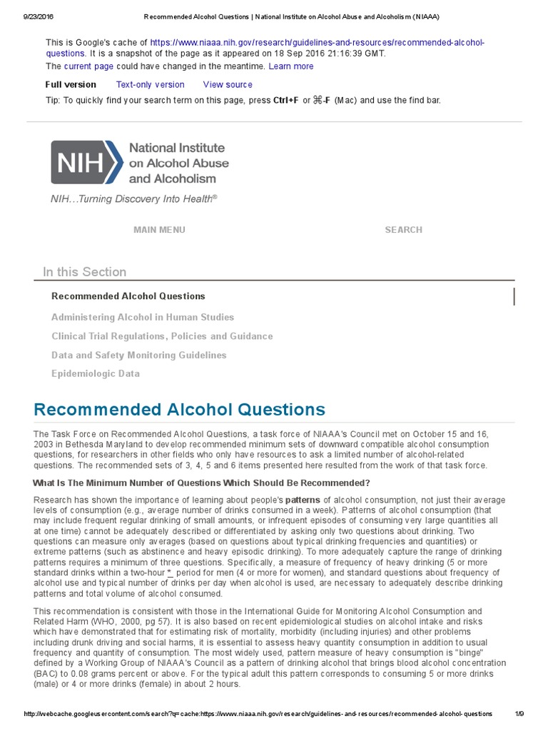 Recommended Alcohol Questions - National Institute On Alcohol Abuse and ...
