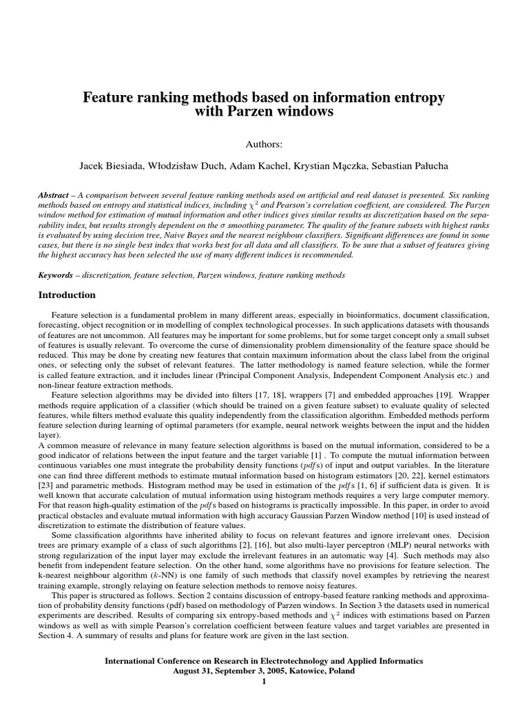 Feature Ranking Methods Based On Information Entropy With Parzen Windows | PDF | Covariance ...