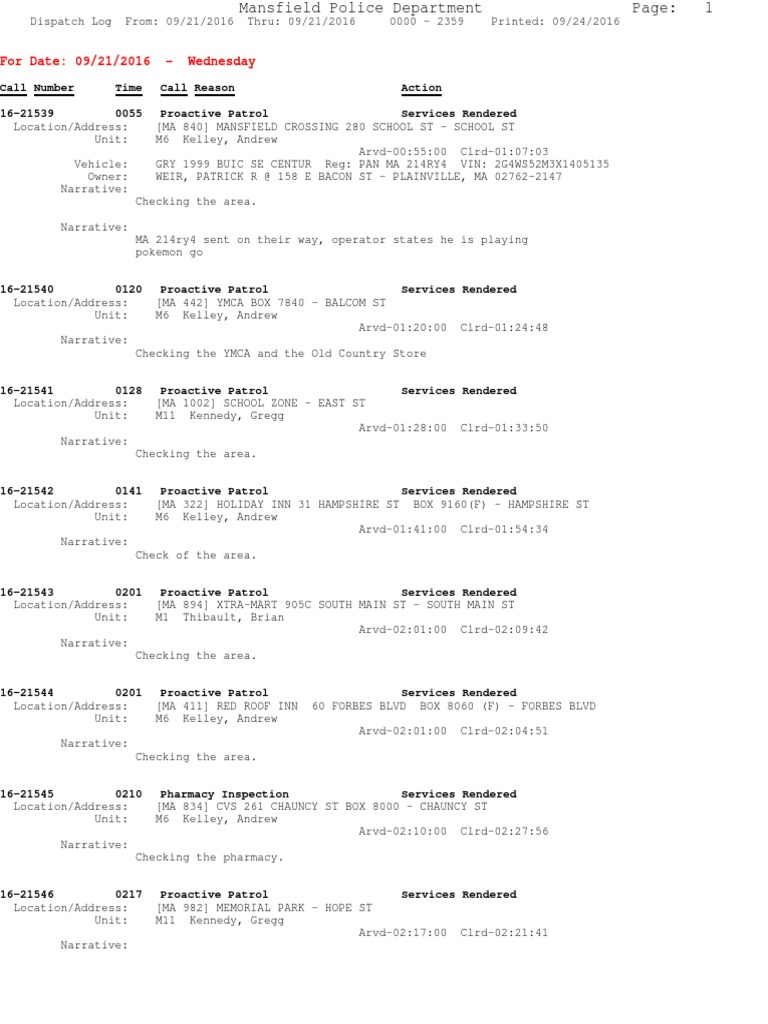 Police Log September 21, 2016 | Transport | Crimes