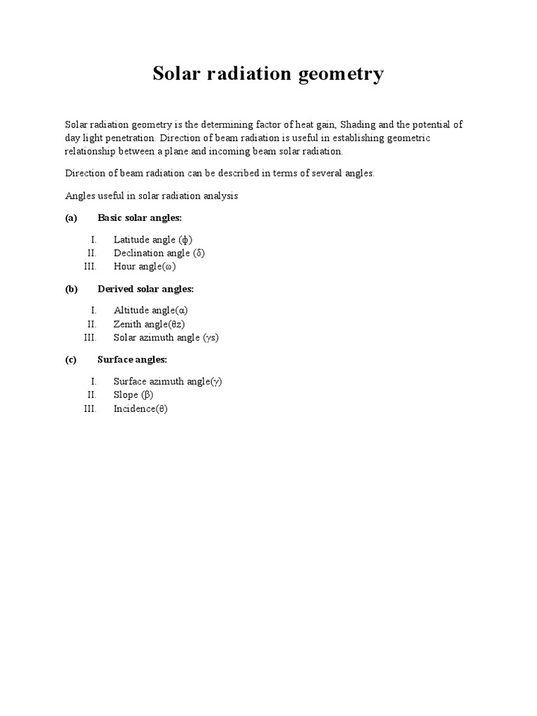 Solar Radiation Geometry | PDF | Angle | Equator