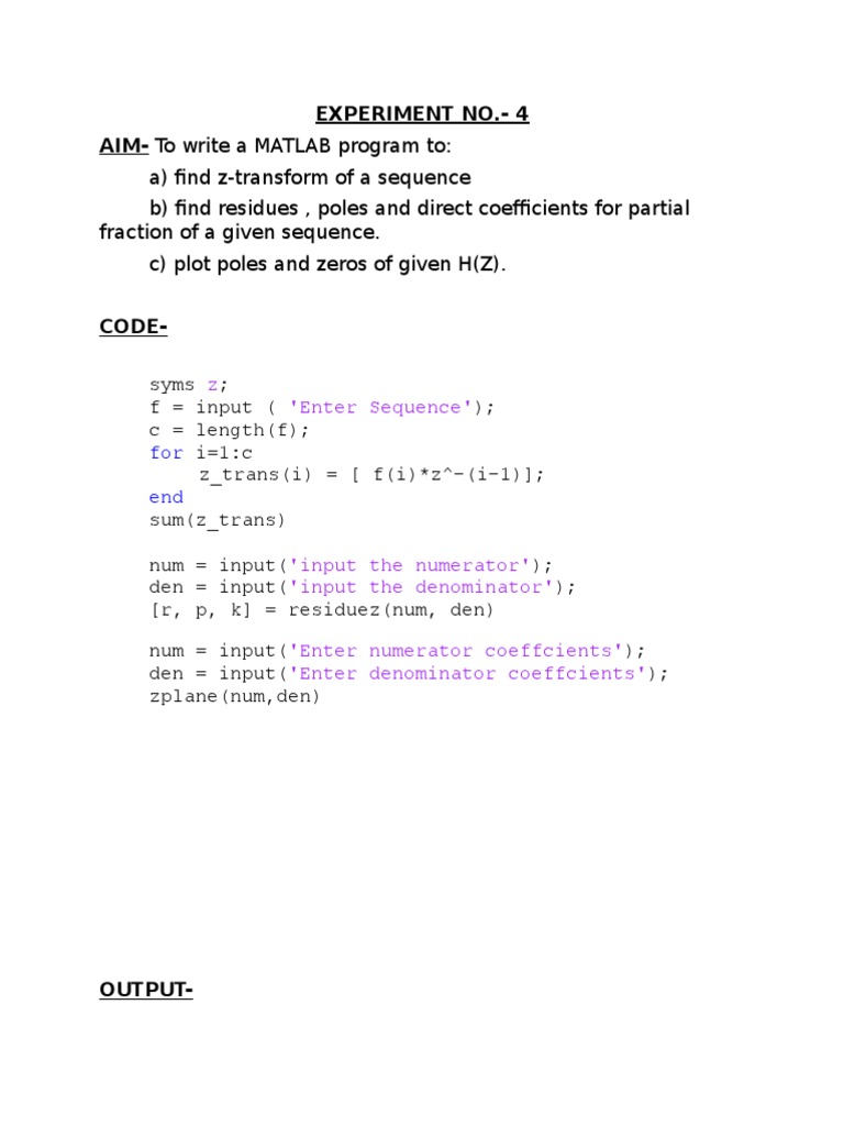 Experiment No.-4 AIM - To Write A MATLAB Program To:: Z 'Enter Sequence ...
