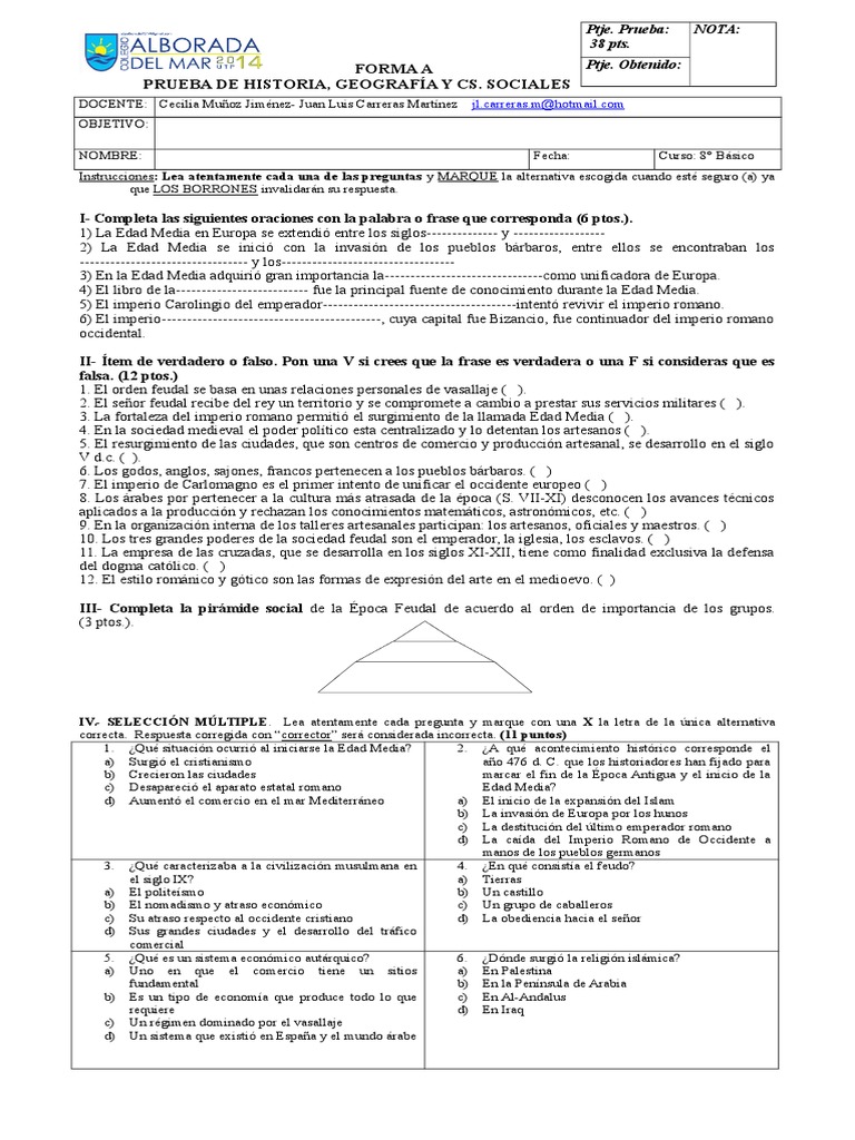 Prueba Sobre La Edad Media 8° Básico. | PDF | Baja Edad Media | Feudalismo