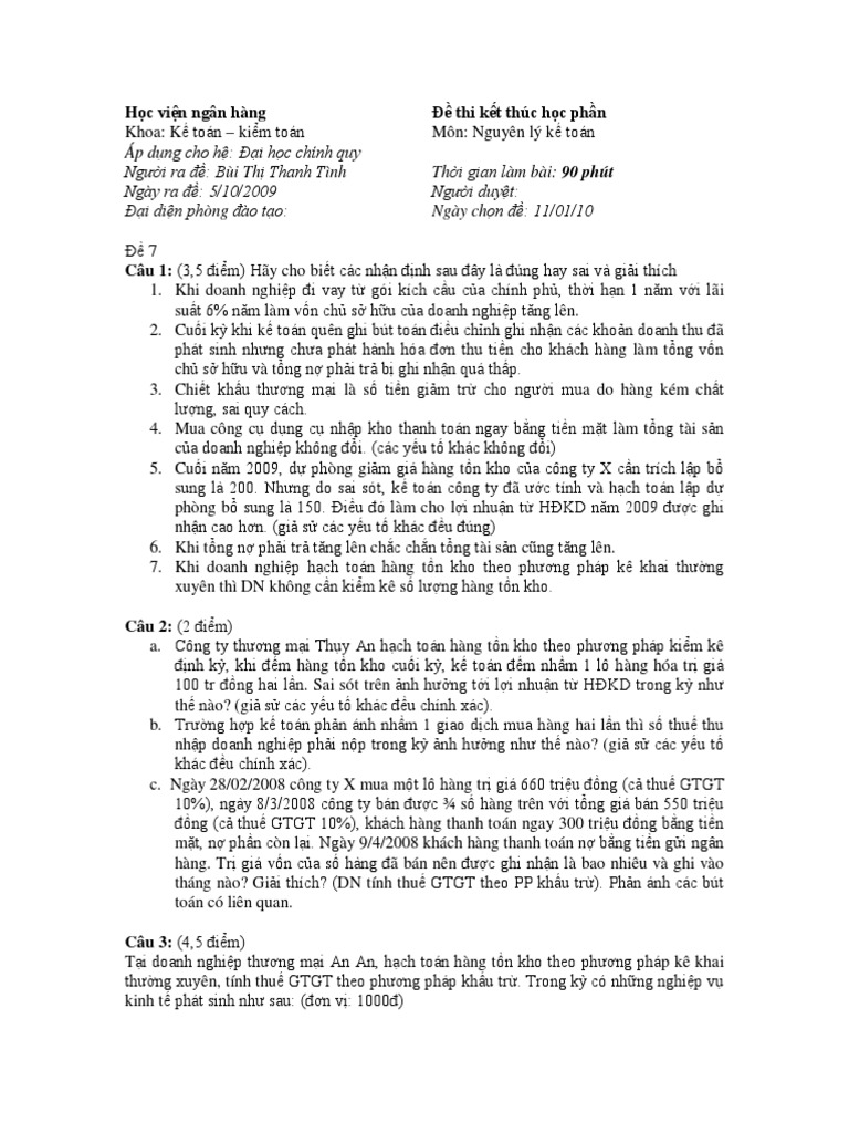 De Thi NLKT 5-10-09 (HVNH) | PDF