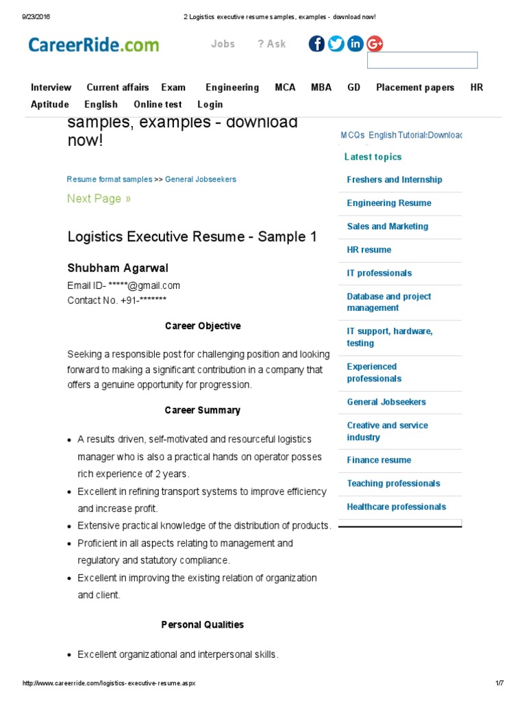 2 Logistics Executive Resume Samples, Examples - Download Now! PDF ...