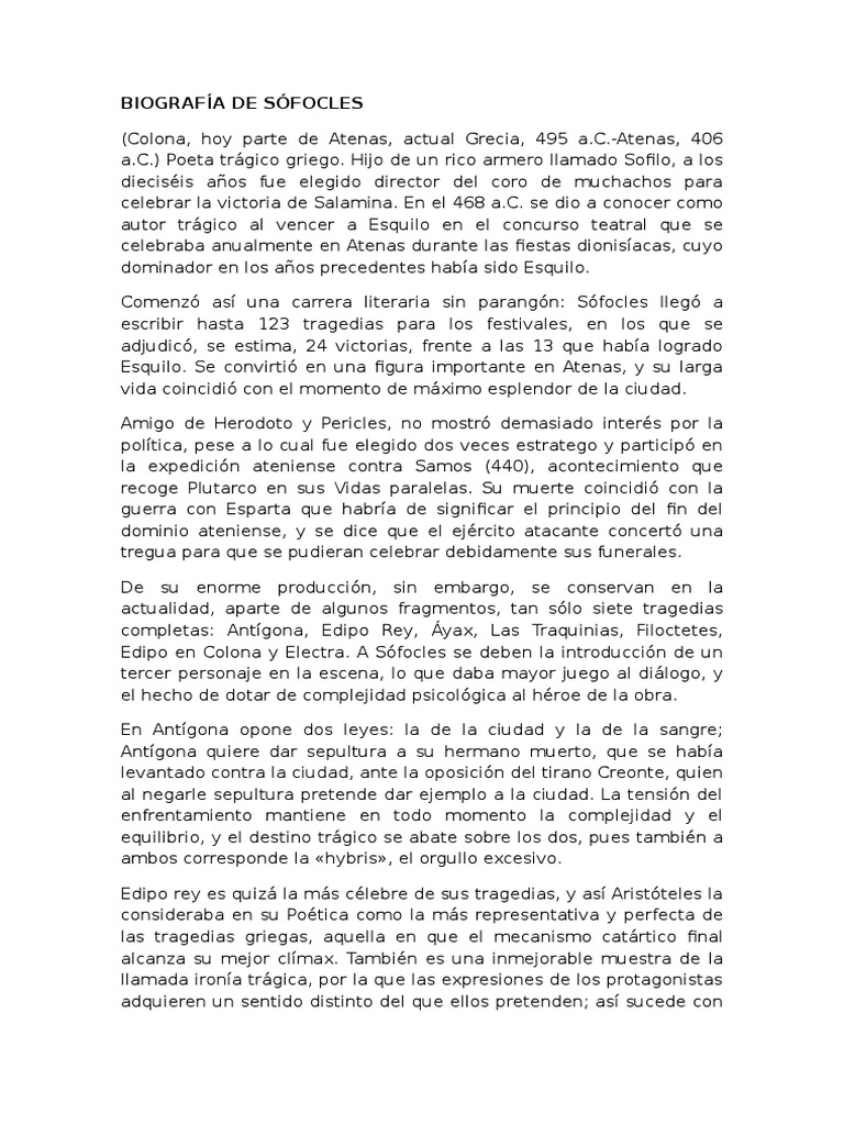 Biografía de Sófocles Electra | PDF | Sófocles | Tragedia griega