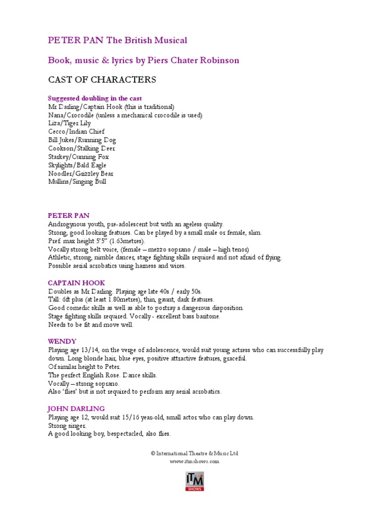 Peter Pan The Musical - Character List | Download Free PDF | Peter Pan ...